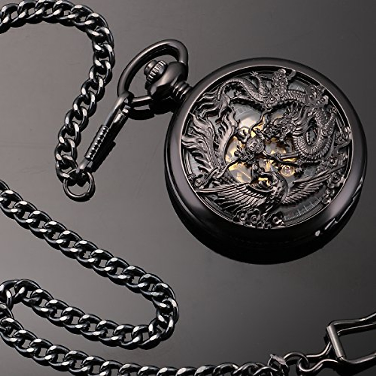 ManChDa Antique Mechanical Pocket Watches for Men Lucky Dragon Phoenix Pocket Watch with Chain Black Skeleton Dial Roman Numberals Gifts for Fathers Day