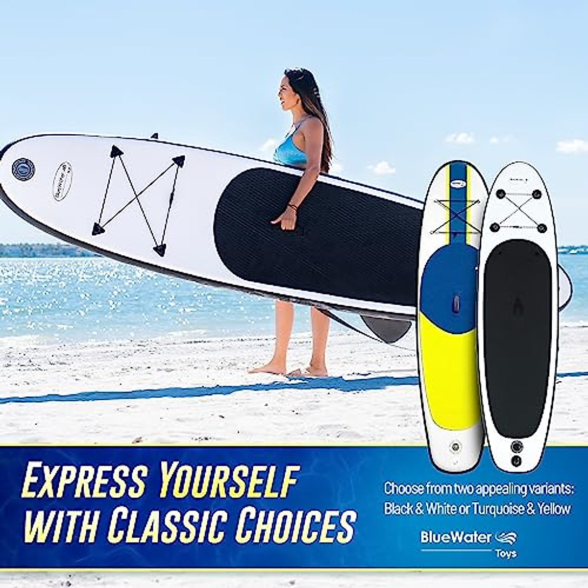 Blue Water Toys Portable Inflatable Stand Up Paddle Board Kit with Pump, Backpack, Coil Leash, and Repair Kit, SUP 350 Pound Limit, 11 Feet by 34 Inches