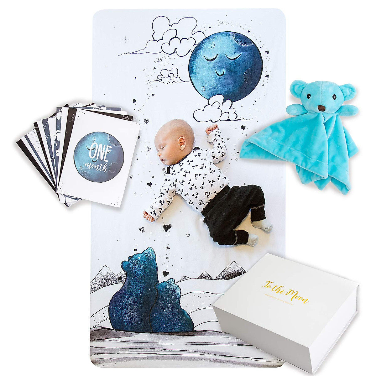 JumpOff Jo - Baby Gift Set with 100% Cotton Crib Sheet, Minky Security Blanket Lovey, and Monthly Milestone Photo Cards, Includes Gift Box - Mama Bear Blue
