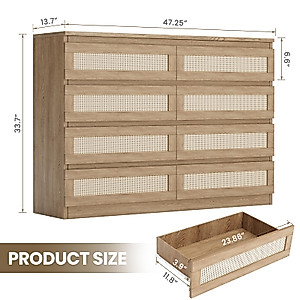 GarveeHome Rattan Dresser for Bedroom, Modern 8 Drawer Wooden Dresser Chest, Wide Wood Beside Table for Closet, Nursery, Living Room and Entryway, Natural