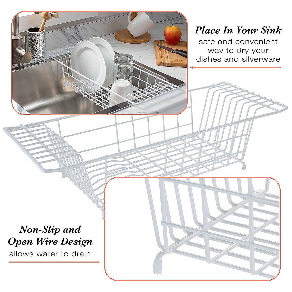 Kitchen Details Sink Dish Drainer Drying Rack, for Countertop, Space Saving, in White