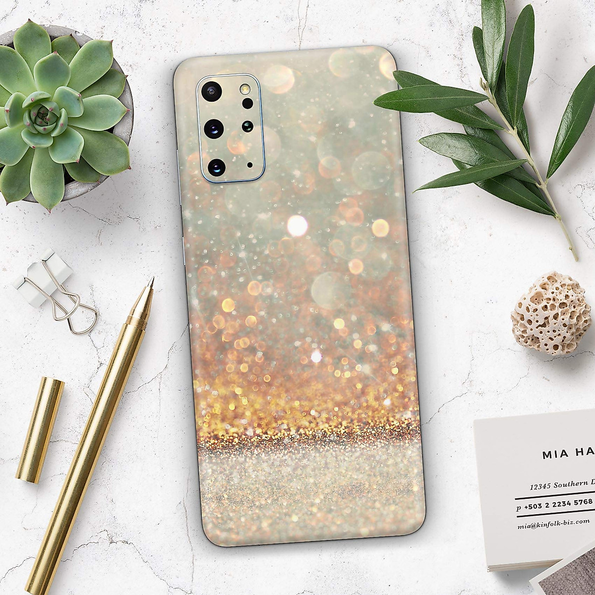 DesignSkinz Pink and Gold Shimmering Lights Protective Vinyl Decal Wrap Skin Cover Compatible with The Samsung Galaxy S20 (Screen Trim & Back Glass Skin)