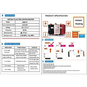 Tankless Water Heater - 3000W Mini Electric Instant Water Heater Under Sink with LCD Display for Home Kitchen Washing US Plug 110V, 7.87 x 4.13inch Wall Mounted (Gold) 30-55℃