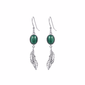 Feather Earrings Genuine Malachite Dangle Hook Earrings Sterling Silver Native American Jewelry for Women Valentine Gift