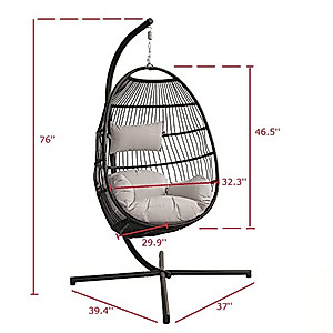 PRIVATE GARDEN Large Hanging Egg Chair with Stand Outdoor Patio Folding Egg Chair Indoor Swing Egg Chair with Light Grey Waterproof Cushion Heavy Duty C-Stand 330LBS Capacity
