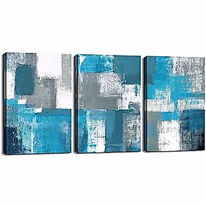 Abstract Wall Art for Living Room Wall Decor 3 Piece Blue Teal Modern Paintings Canvas Prints Framed Living Room Ready To Hang for Bathroom Bedroom Kitchen Office Boho Grey White Teal Artwork 12x16
