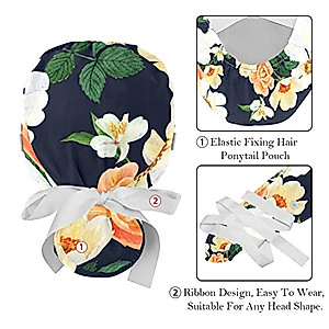 Mersov Watercolor Flowers Scrub Hats for Women Long Hair, Working Cap with Button & Sweatband, Unisex Tie Back 2 Packs, Multicoloured 5, Medium-3X-Large