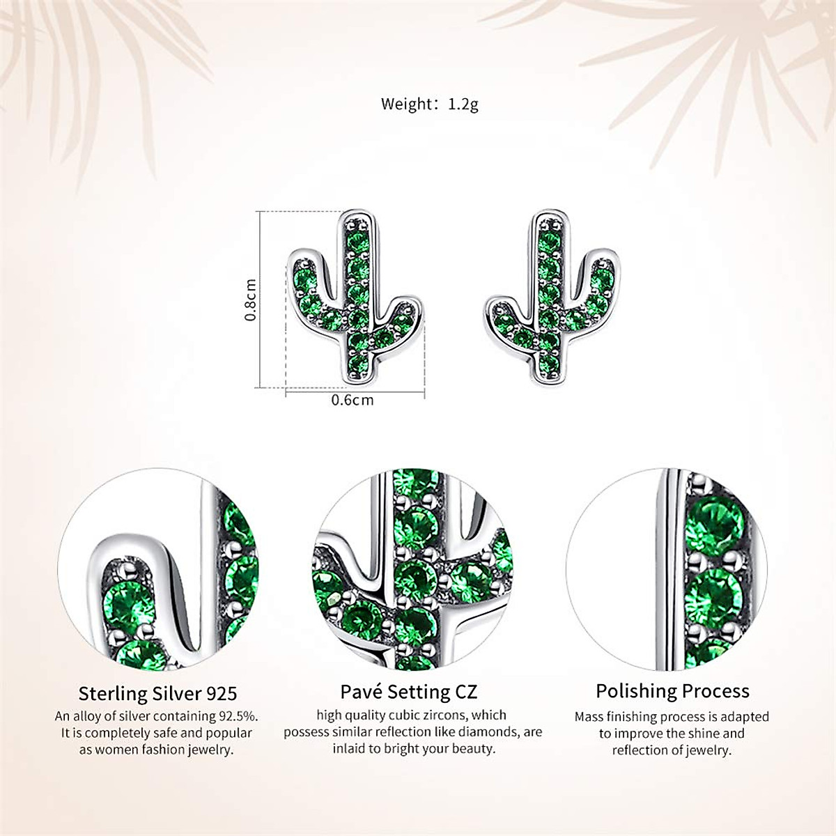 BISAER Cactus 925 Sterling Silver Stud Earrings with Green Cubic Zirconia, Green Plants Post Stud Earring Hypoallergenic Jewelry for Women
