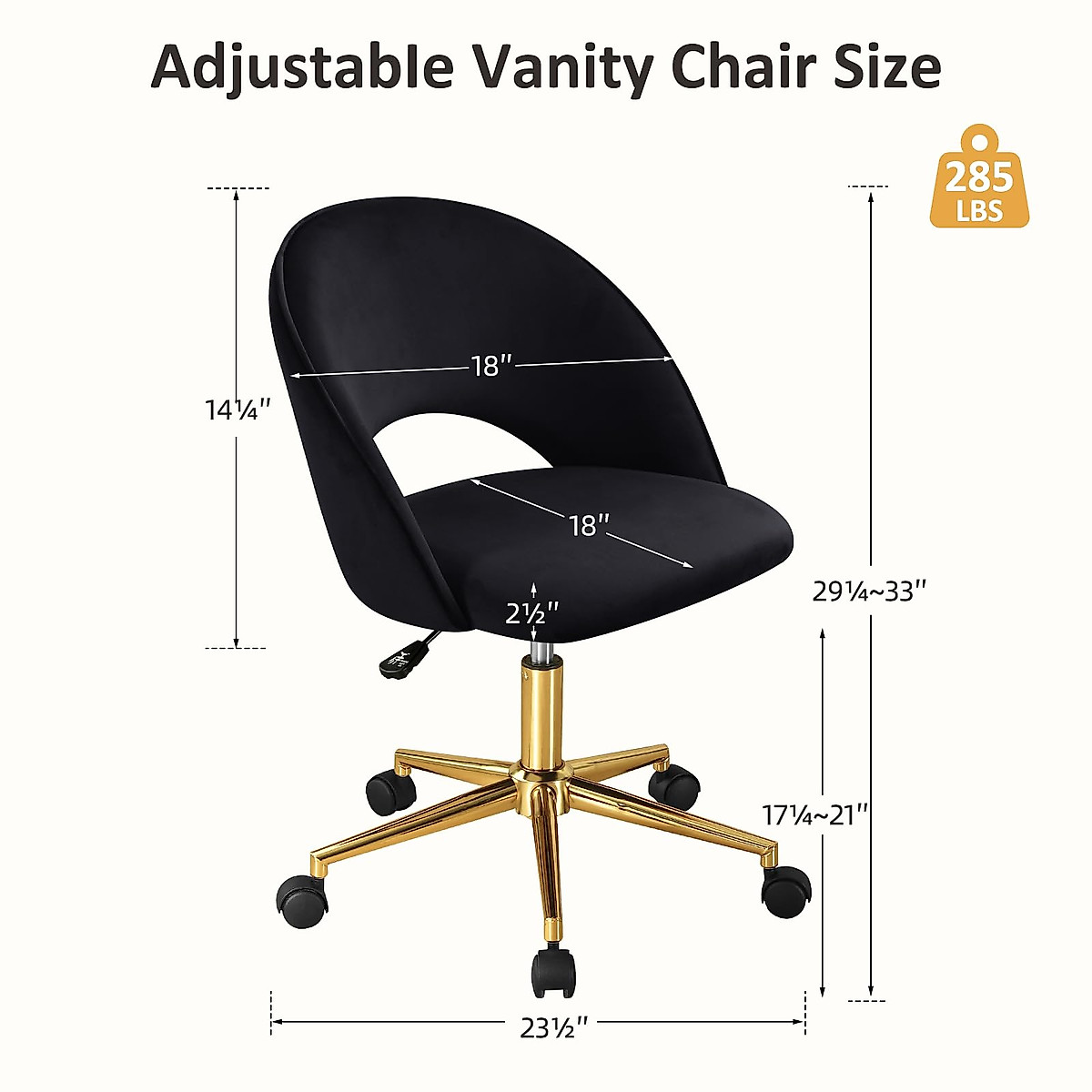 Furniliving Velvet Home Office Chair, Height Adjustable Swivel Vanity Chair with Wheels, Upholstered Desk Task Makeup Chair Computer Chair with Gold Metal Base Stool Chairs (Black)