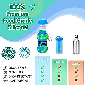 Dinosaur Water Bottle for Kids Toddler Boys 19oz 550ml Collapsible Silicone Foldable Bpa Free Leakproof Sports Water Jugs for School Sports Travel with Flip Spout Christmas Birthday Gifts Green Blue