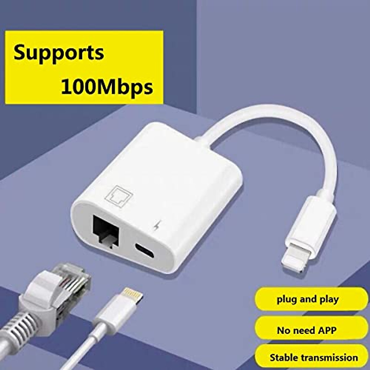 Apple MFI Certified Lightning to Ethernet Adapter for iPhone,2 in 1 LAN Ethernet Network to Lightning Adapter for iPhone 14/13/Pro Max/12/11/XS/XR/X/8/7/6/5 iPad 100Mbps Cat 8 7 6