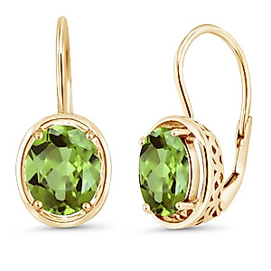 Gem Stone King 18K Yellow Gold Plated Silver Green Peridot Dangle Earrings For Women (3.60 Cttw, Gemstone Birthstone, Oval 9X7MM)
