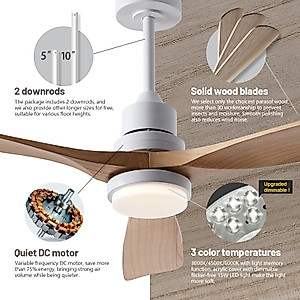 FXZZ 42" Wood Ceiling Fans with Lights and Remote, Quiet Reversible DC Motor and 3 Color LED Light, 3 Blades 6 Speed Ceiling Fan for Farmhouse Living Room Bedroom Dining Room Workroom Study