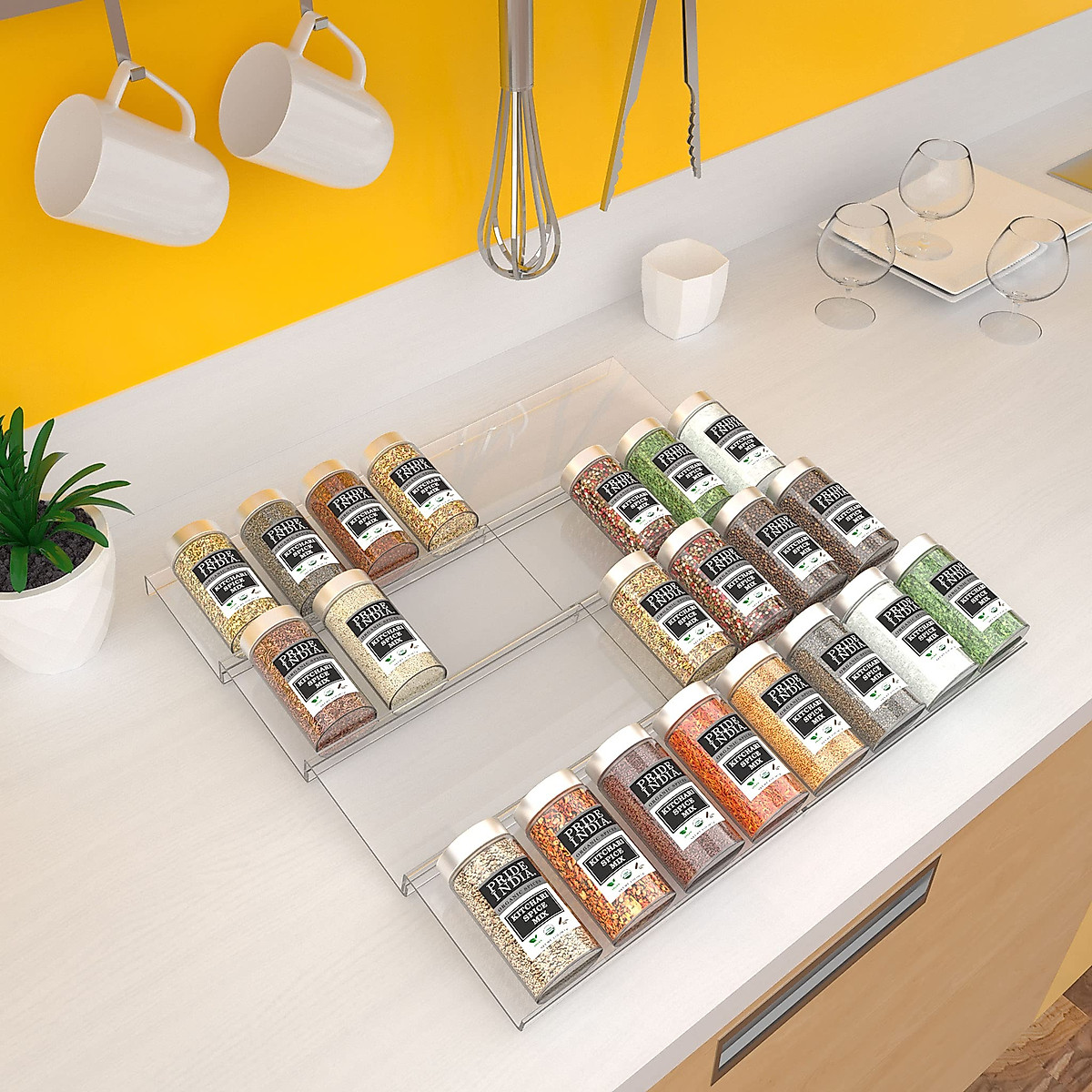 Dingelex 2 Pack Adjustable Expandable 4 Tier Acrylic Spice Rack Tray Drawer Organizer, Clear Spice Drawer Organizer Insert for Kitchen Cabinets, Expands 8’’ to 16’’