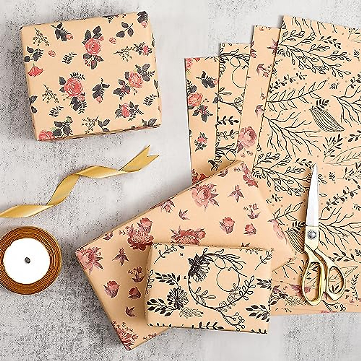 PlandRichW Wrapping Paper of Floral Design Folded Kraft Wrapping Paper 12 Sheets Recycled Gift Wrap for Birthday, Wedding, Holiday, Party, and Baby Shower Precut 20" X 29"