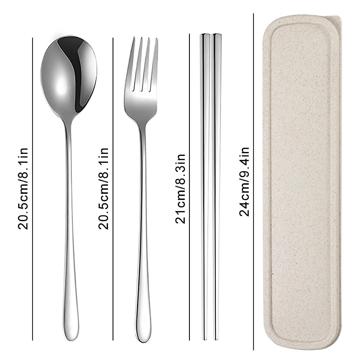 Xihuimay 3pcs Stainless Steel Chopsticks Fork Spoon Set with Travel Case Non-Slip Tabeware Pack Metal Portable Flatware Set Utensils Chinese Japanese Korean for Cooking Eating Dishwasher Safe, White