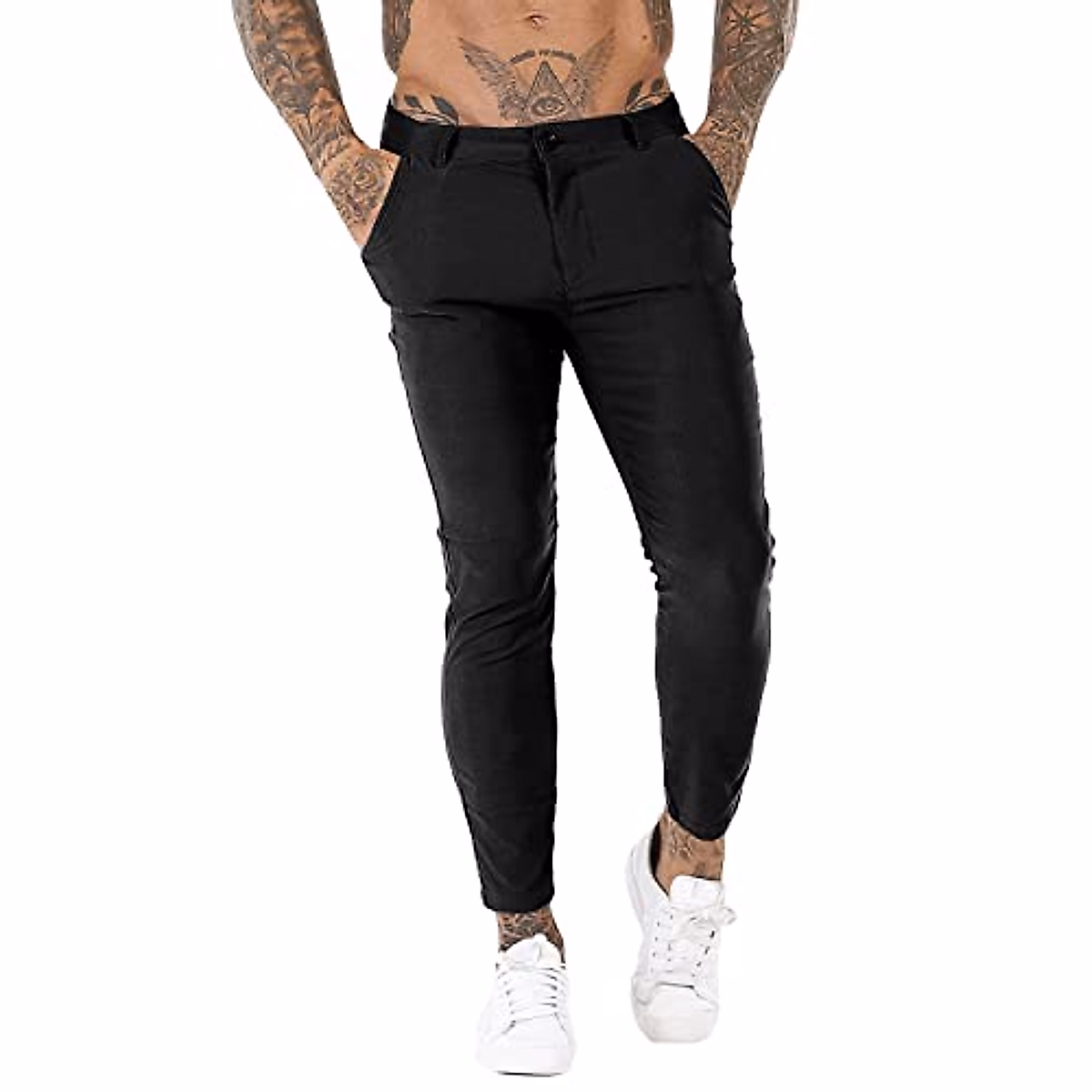 GINGTTO Men's Flat Front Pants Skinny Slim Fit Dress Pants for Men Stretchy Trousers(Black Plain,30)