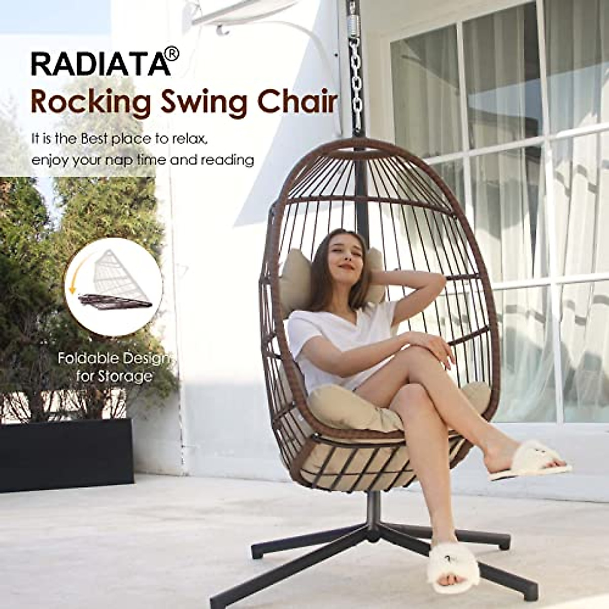 RADIATA Foldable Wicker Rattan Hanging Egg Chair with Stand, Swing Chair with Cushion and Pillow, Lounging Chair for Indoor Outdoor Bedroom Patio Garden (Brown)