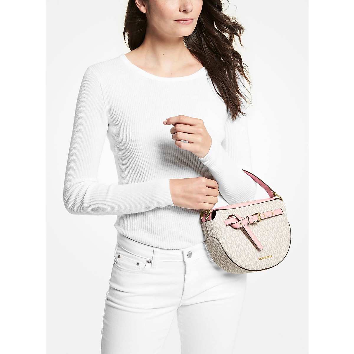 Michael Kors Emilia Half Moon Medium Shoulder Bag Logo Crossbody Vanilla Powder Blush
