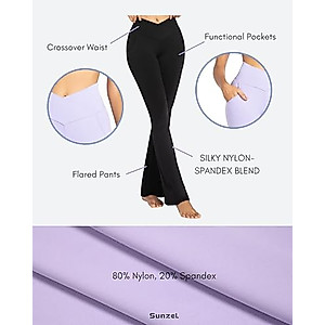 Sunzel Flare Leggings for Women with Pockets, Crossover Yoga Pants with Tummy Control, High Waisted and Wide Leg 30" Inseam Black Medium
