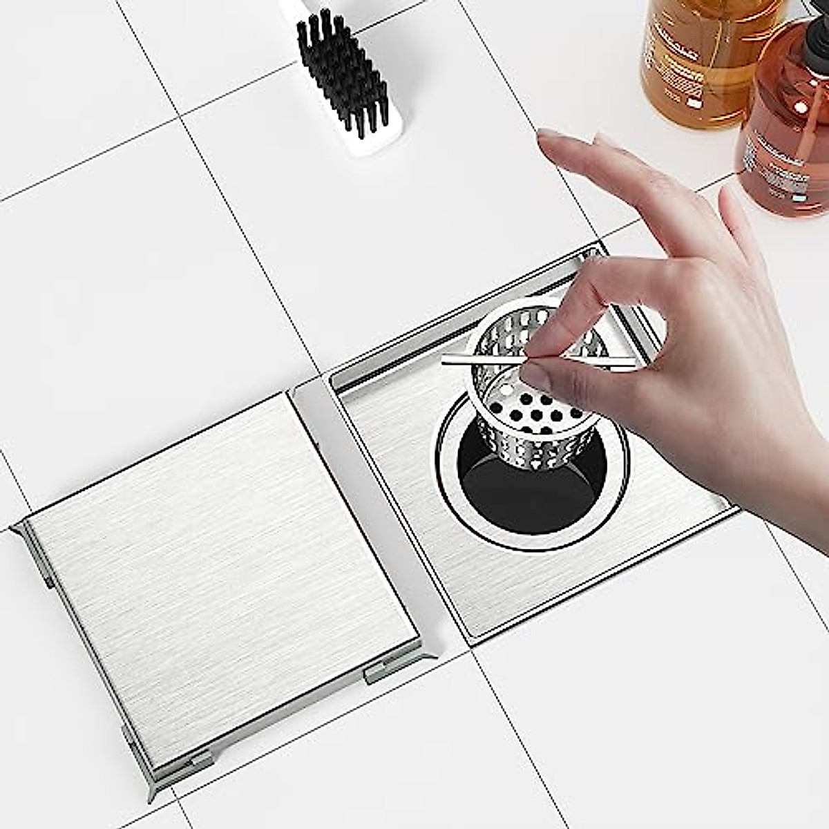 Neodrain 6-Inch Square Shower Drain with Removable Tile Insert Grate,Brushed 304 Stainless Steel, with Watermark&CUPC Certified, Includes Hair Strainer