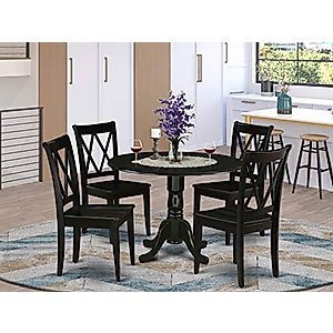 East West Furniture DLCL5-BLK-W 5Pc Round 42" Dining Room Table With Two 9-Inch Drop Leaves And Four Wood Seat Chairs, 5