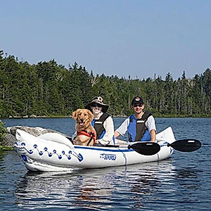 Sea Eagle SE370SK_P 3 Person Blow Up Inflatable Lightweight Rugged Portable Sport Tandem Kayak Canoe Including Back Seats and Bag, White/Blue