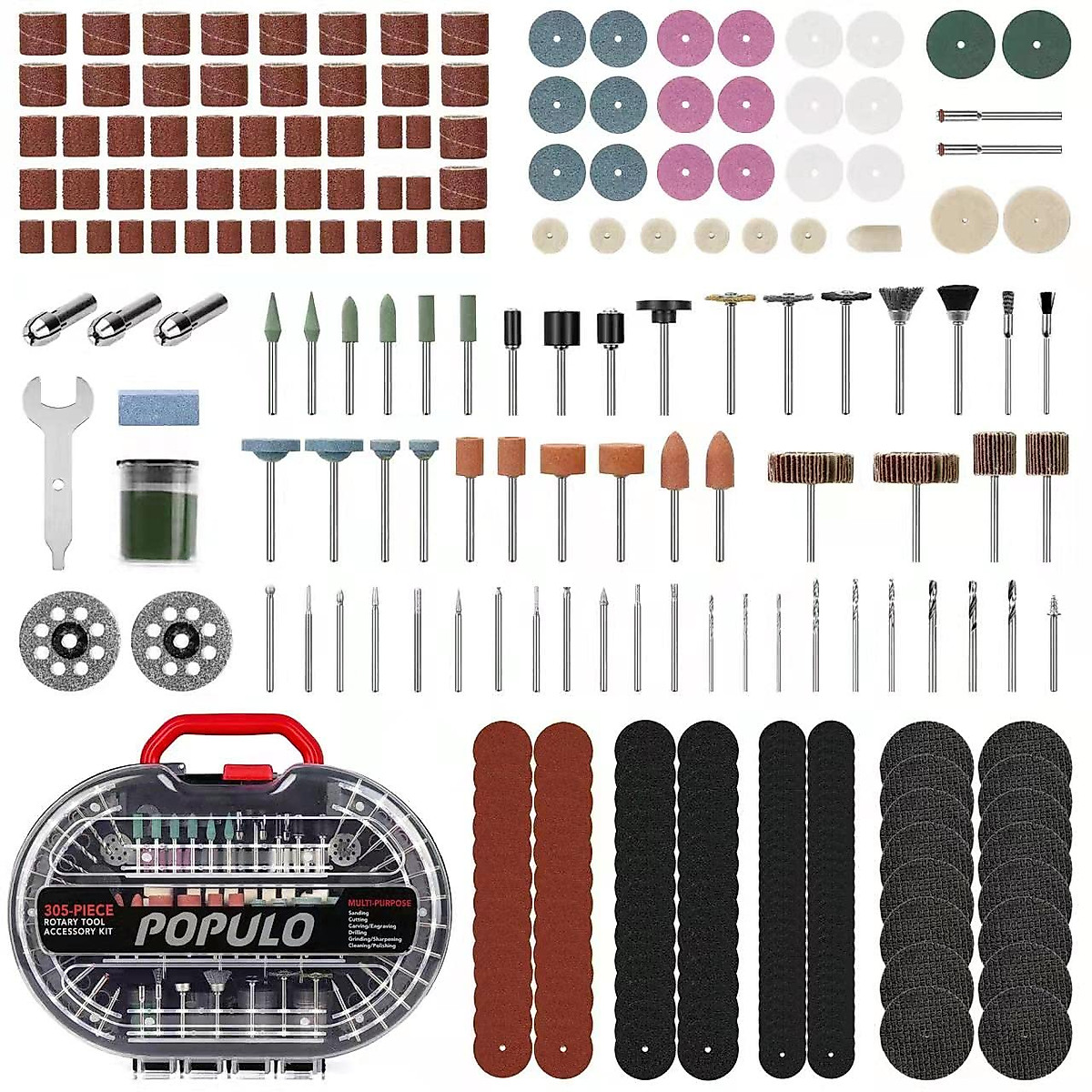 POPULO 305-Piece Rotary Tool Accessories Kit, 1/8-inch Diameter Shanks, Universal Fitment for Easy Cutting, Grinding, Sanding, Sharpening, Carving and Polishing, Storage Case.…