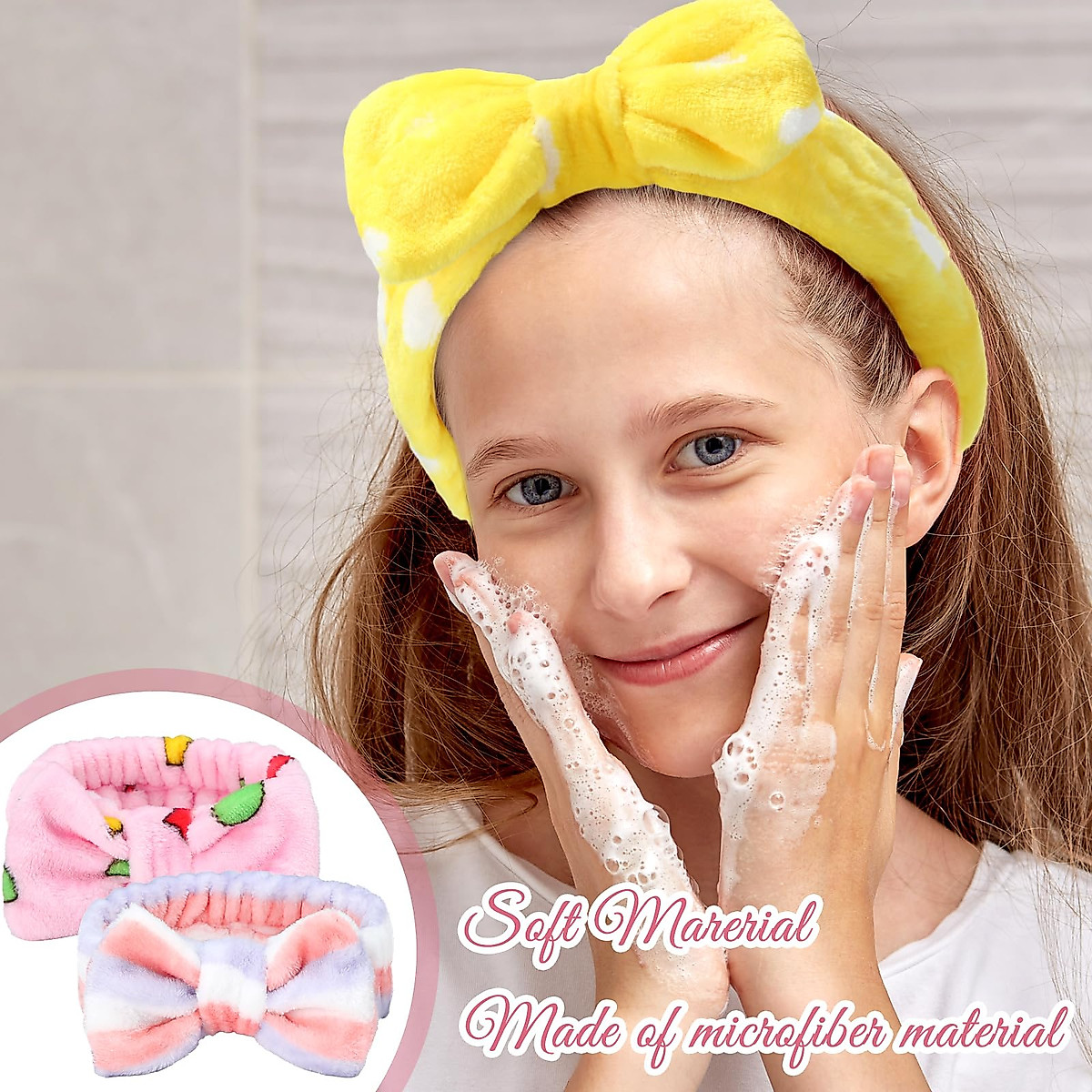 Giegxin 48 Pieces Spa Headband Bulk Bow Hair Band Facial Makeup Headbands Fluffy Plush Headband for Women Washing Face Spa Shower Cleansing (Novel Pattern)