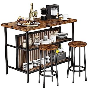 DKLGG 3 Piece Dinging Table Set, Faux Marble Dining Room Table Set with 2 Tier Storage Shelves, Bar Table Set with Bar Stools, Sturdy Kitchen Table with Storage for Restaurant, Living Room