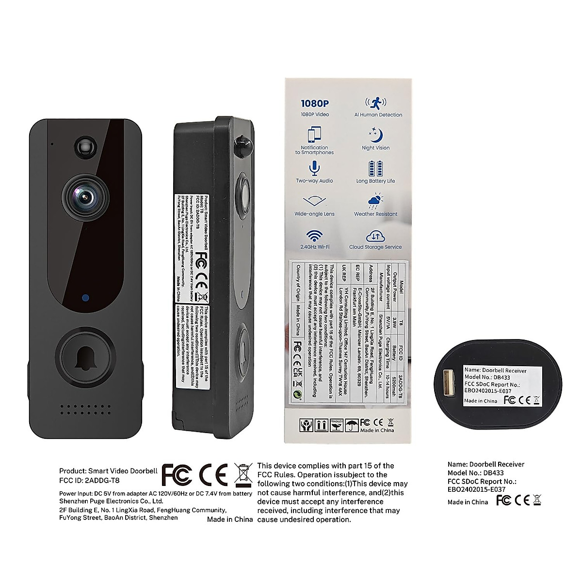 SJCODE Smart Video Doorbell with Chime Ringer, Security Camera Wireless Indoor/Outdoor and Battery Powered, 2-Way Audio, Night Vision, Human Detection, Wide-Angle Lens Surveillance