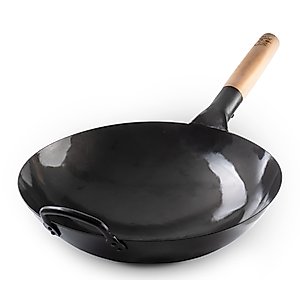 Craft Wok Black13 Pre-Seasoned Hand Hammered Carbon Steel Pow Wok with Wooden and Steel Helper Handle (13 Inch, Round Bottom)