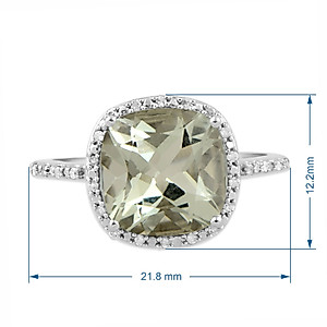 Jewelili Cocktail Ring with Cushion-cut Green Amethyst with White Diamond Halo in Sterling Silver, Size 7