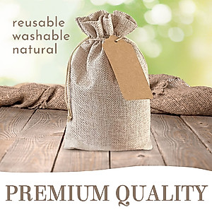 50 burlap bags with drawstring 6.6x9 inch with 50 tags and 50 Strings. Burlap bag for holiday gift. Burlap sack for groceries and food. Burlap sacks for Planting Plants. Burlapbag for Mugs, ect.