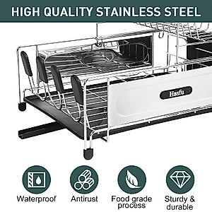 Hasfu Large Dish Drying Rack with Drainboard Set, 2 Tier Stainless Steel Dish Racks for Kitchen Counter, with Drainboard, Utensil Holder, Glass Holder,Silicone Anti-Skid Support (Black)