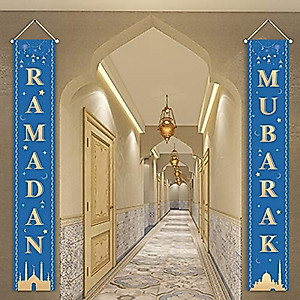 HONGFENG Ramadan Mubarak Porch Sign,Eid Mubarak Banner Indoor Outdoor Front Door Hanging Sign for Ramadan Mubarak Party Decoration (Blue)