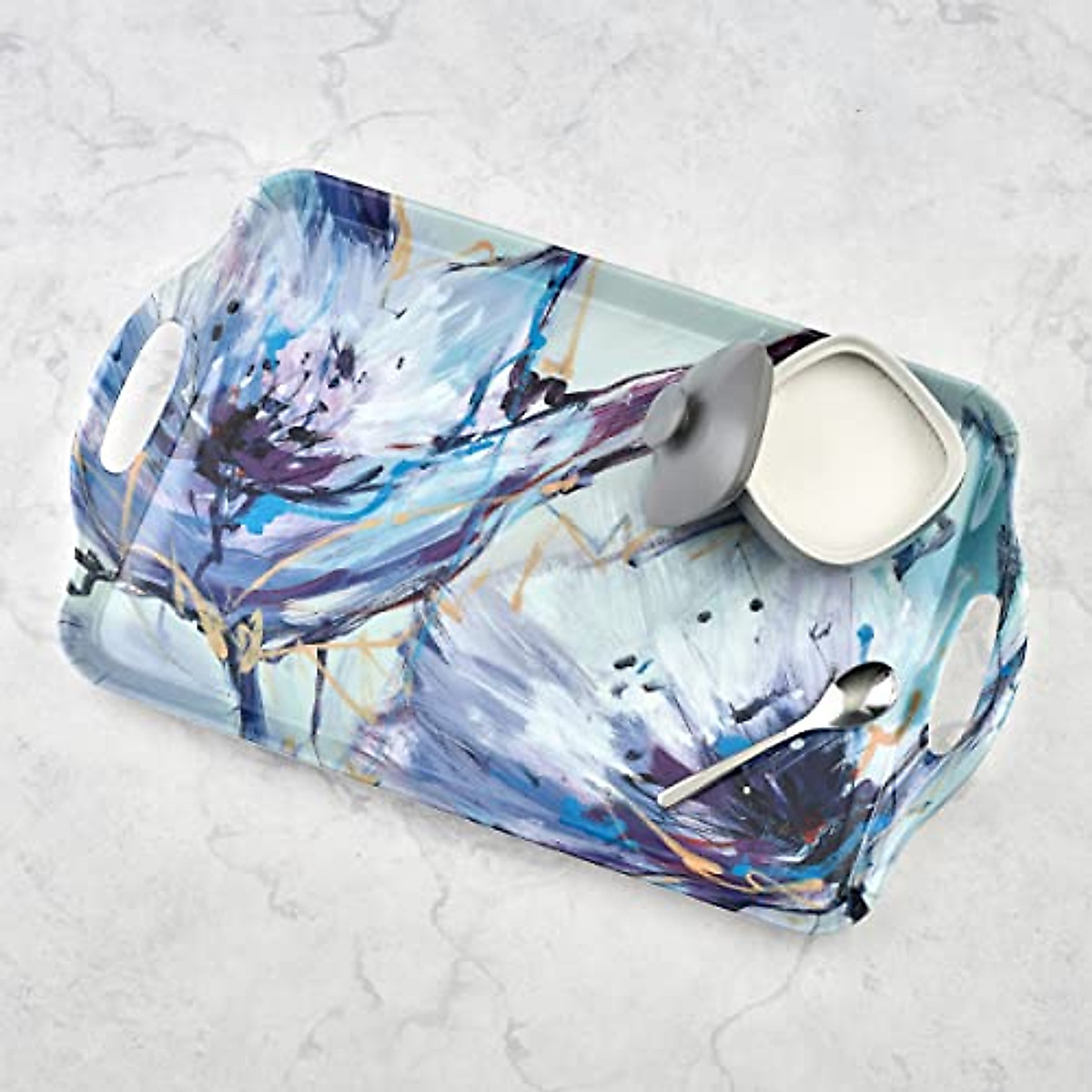 Pimpernel Blooms in Lilac Large Handled Tray | Serving Tray for Lunch, Coffee, or Breakfast | Made of Melamine for Indoor and Outdoor use | Measures 18.9" x 11.6" | Dishwasher Safe