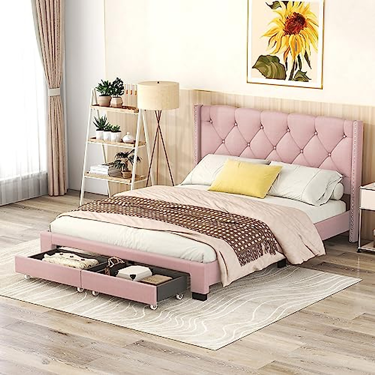 Livavege Upholstered Bed Frame Queen Size with 2 Storage Drawers and Button Tufted Headboard, Modern Queen Platform Bed with Wooden Slats Support, Bedframe No Box Spring Needed, Pink