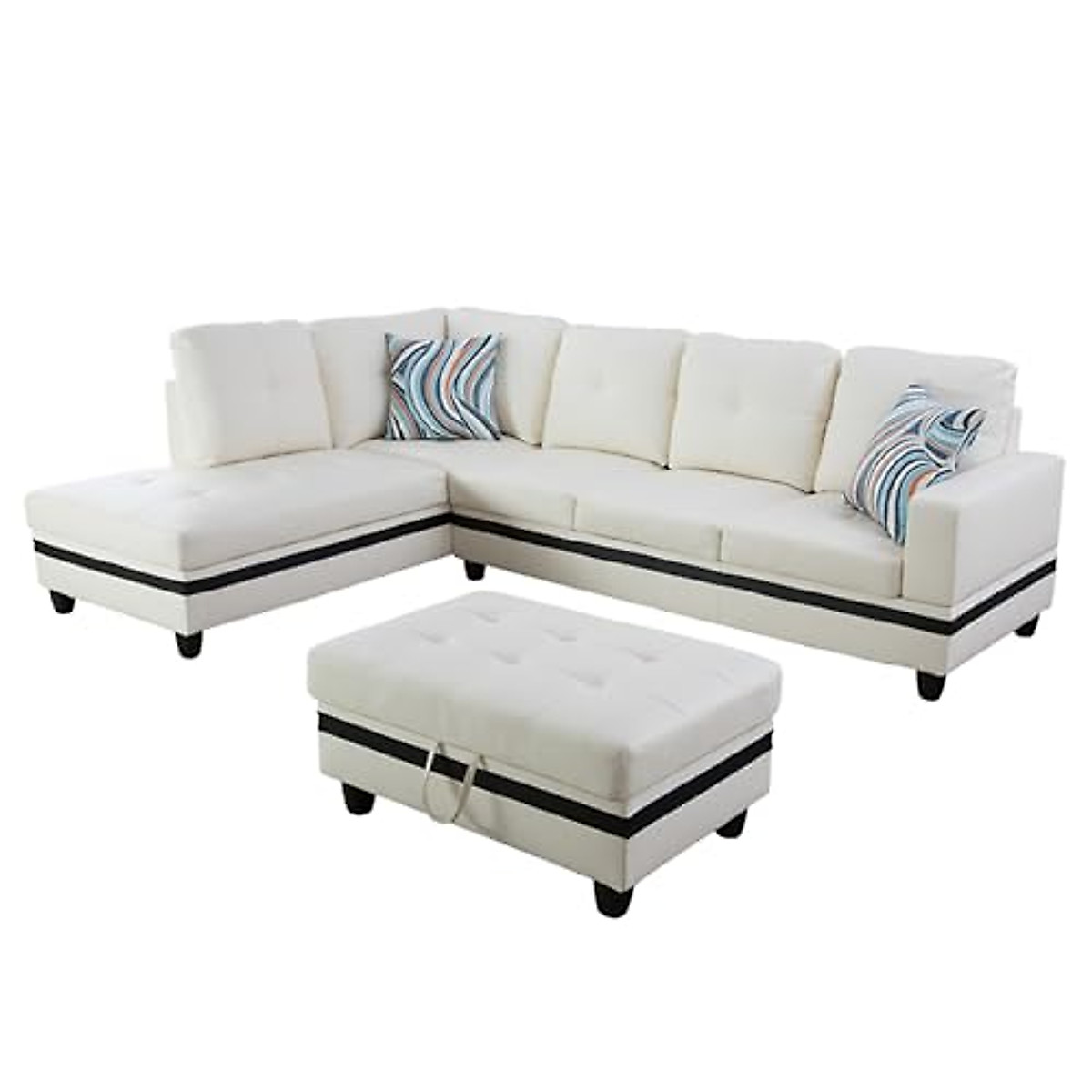 NOTOP 3-Piece Faux Leather L-Shaped Sectional Sofas, Button Tufted Upholstered Couch Set with Left Chaise Longue and Storage Ottoman, for Living Room, Home, Office, White Black