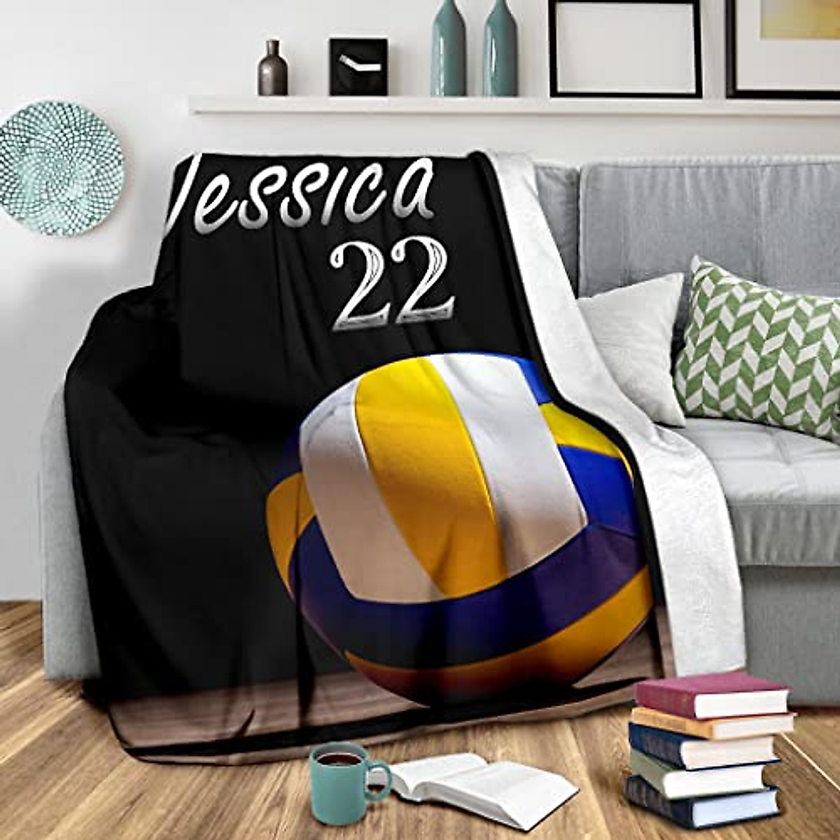 OhaPrints Custom Volleyball Black Volleyball Ball Lover Gift Personalized Name Number Soft Sherpa Throw Blankets Cozy Fuzzy Fleece Throws for Tv Sofa Couch Comfy Fluffy Blanket 30X40 50X60 60X80