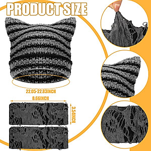 Quelay 22 Pcs Y2k Grunge Knitted Cat Beanie with Fairy Grunge Ripped Glove Earrings Necklace Rings Set Devil Horn Grunge Accessories Slouchy Hat Crochet Beanie with Ears (Black)