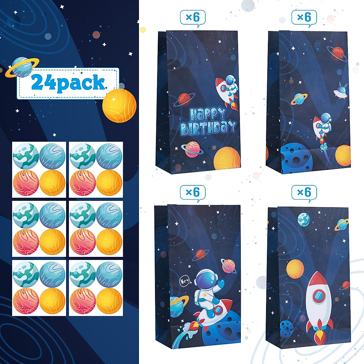 DECORLIFE 24PCS Space Goodie Bags, Outer Space Party Favor Bags for Birthday Party, Perfect for Boys, Girls, Kids, Stickers Included, 4 Styles