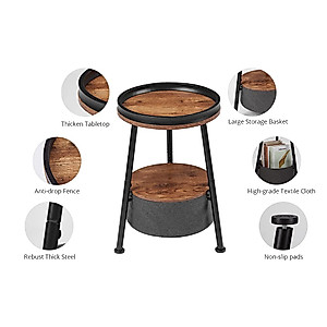 LEMONDA 3 Legs Round End Table, 2 Tier Round Side Table with Storage Basket,11.8*17.8inches Round Metal Sofa Side Table,Small Round Nightstand,Small Coffee Table for Living Room Bedroom/Rustic Brown