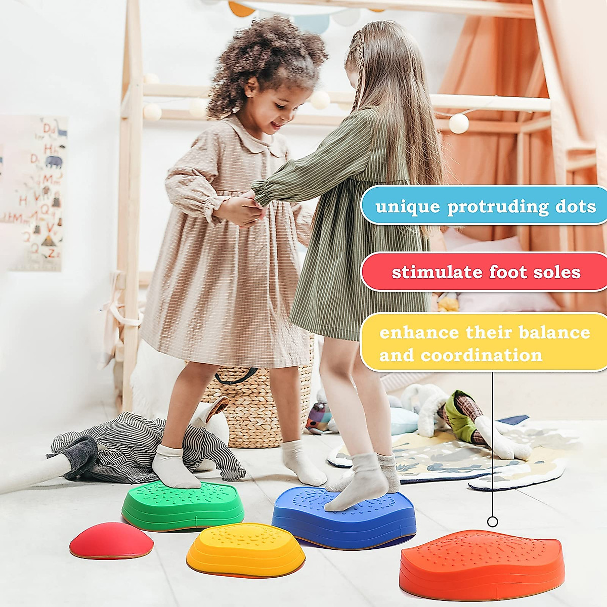 makarci Stepping Stones for Kids, 5pcs Non-Slip Plastic Balance stones, Promoting Children's Coordination Skills Sensory Play Equipment, toddler toys for Age 3 4 5 6 7 8 Years