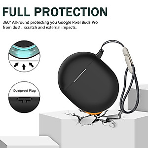 INGIDO Compatible for Google Pixel Buds Pro Case Cover with Keychain/Hand Strap, [Front LED Visible] Thickened Silicone Protective Cover Case for Google Pixel Pro Case 2022(Black)