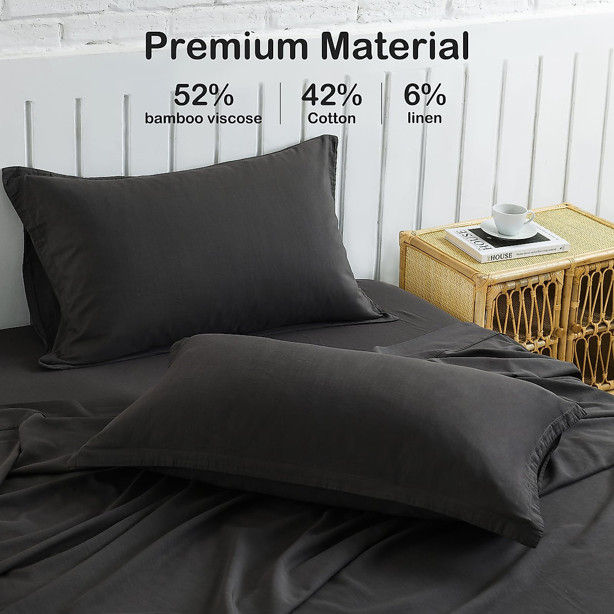 Charcoal Grey Linen-Textured Bed Sheets Set, Bamboo Rayon , Cotton , Linen Blend Bed Sheets Queen Size, Soft Cool & Breathable for Hot Sleepers,Durable Natural Organic Bed 15'' Deep Pocket - 4 Piece