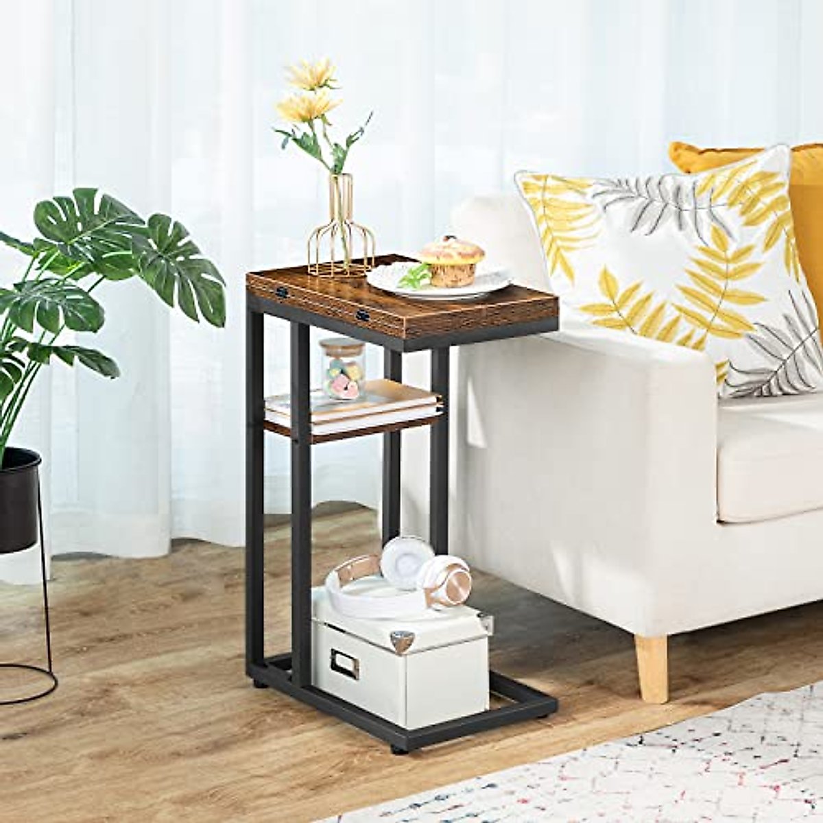 HOOBRO Foldable End Table, C Shaped Side Table with Storage Shelf, Small Snack Table Suitable for Living Room Bedroom Small Spaces, Easy Assembly, Rustic Brown BF29SF01