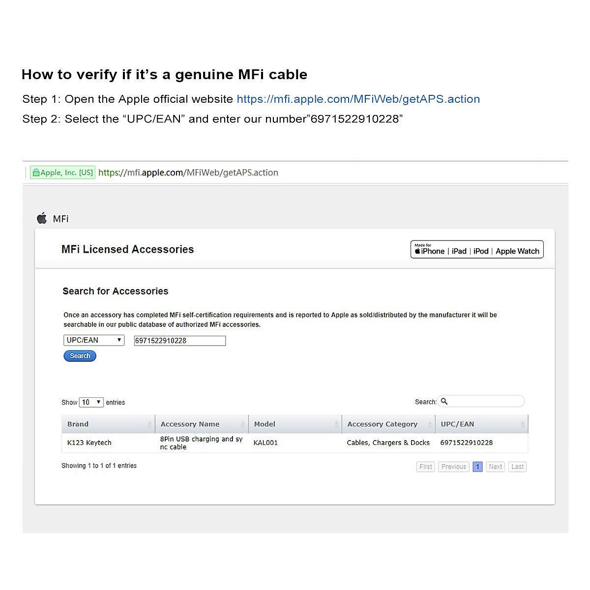 K123 Keytech Apple MFi Certified USB Lightning Cable 3ft iPhone Charger Cord 1M Premium White Data Cable for ipad, iPhone Xs/Xs Max/XR/X/8/8 Plus/7/7 Plus/6/6 Plus/5