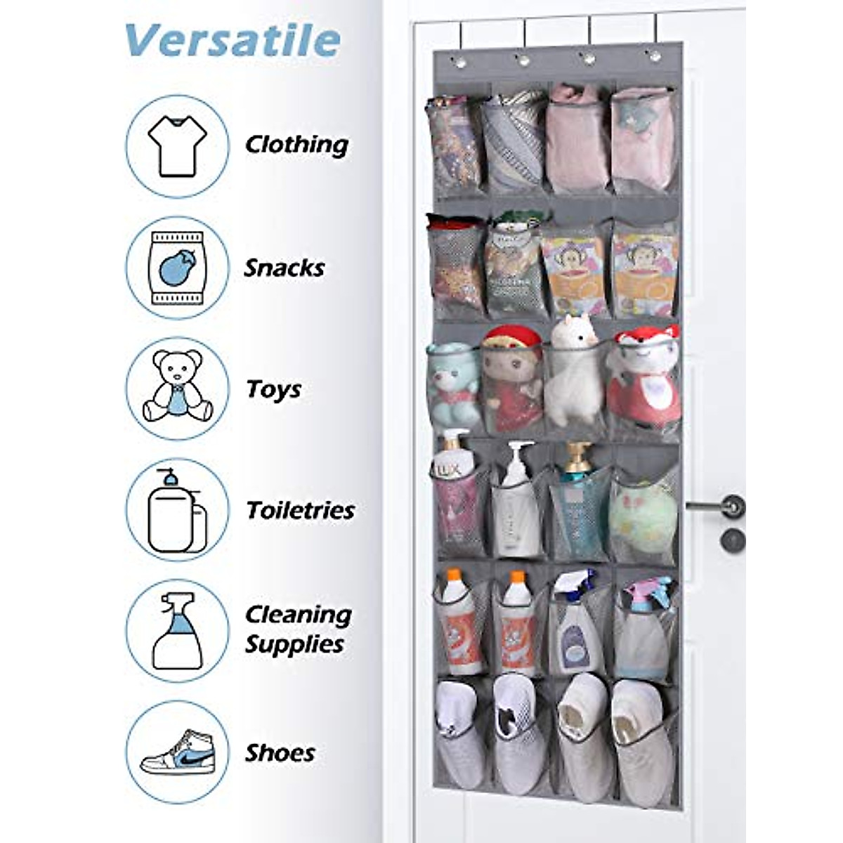 MISSLO Over The Door Shoe Organizer Hanging Closet Holder Hanger Storage Bag Rack with 24 Large Mesh Pockets, Gray