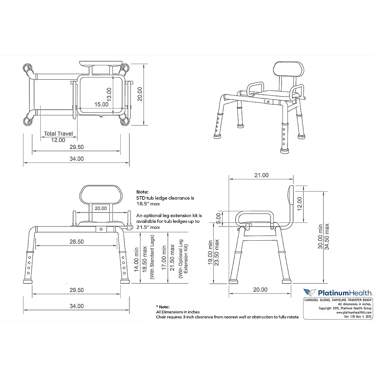 Carousel Sliding Shower Chair Tub Transfer Bench with Swivel Seat, Premium Padded Bath, with Pivoting Arms, Adjustable Space Saving Design for Tubs, Inside Shower, for Handicap & Seniors, Blue